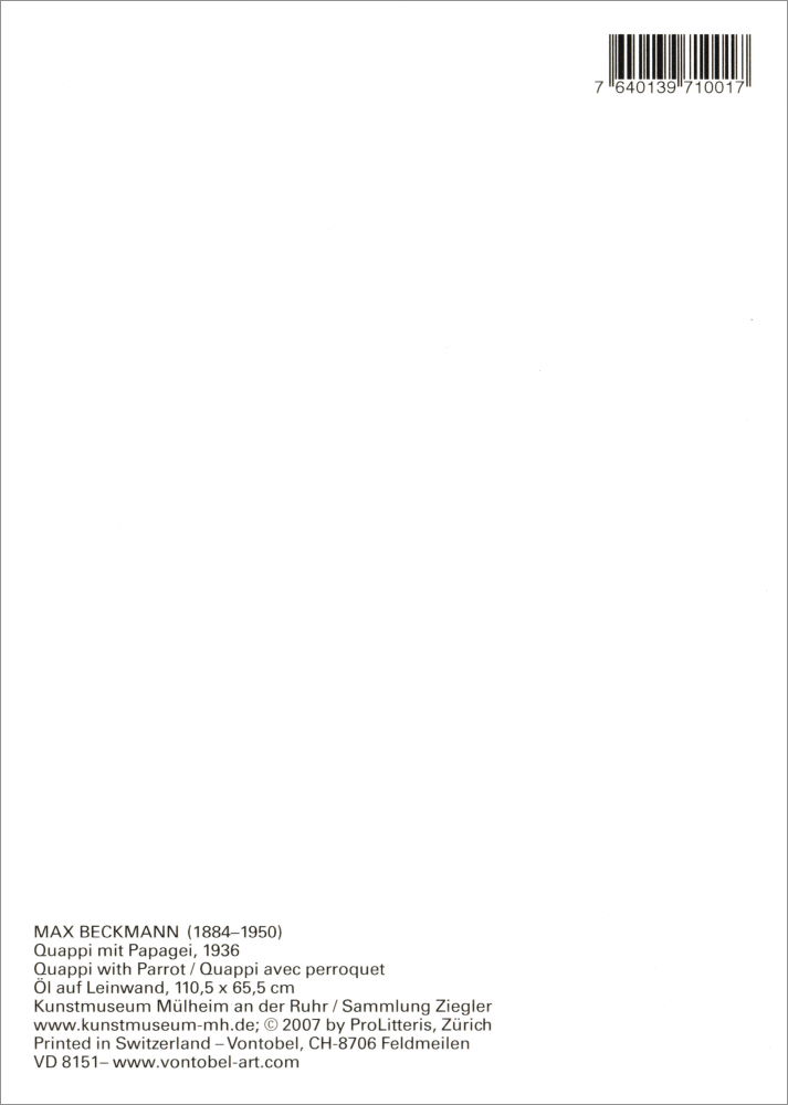 Kunstkarte Max Beckmann "Quappi mit Papagei"