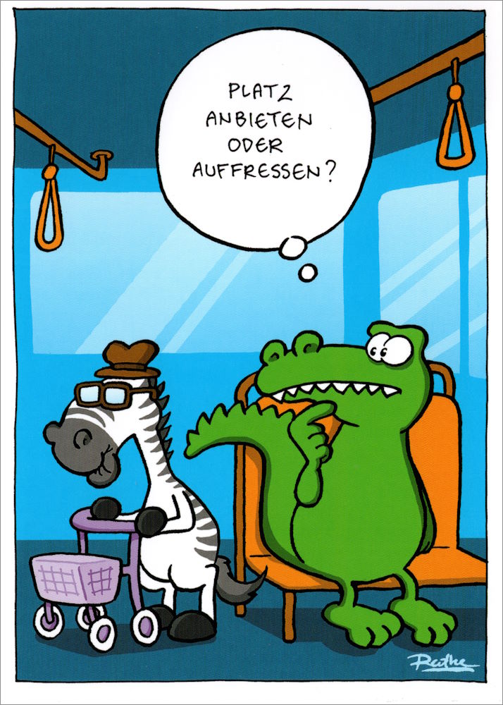 Postkarte Ralph Ruthe "Platz anbieten oder auffressen?"