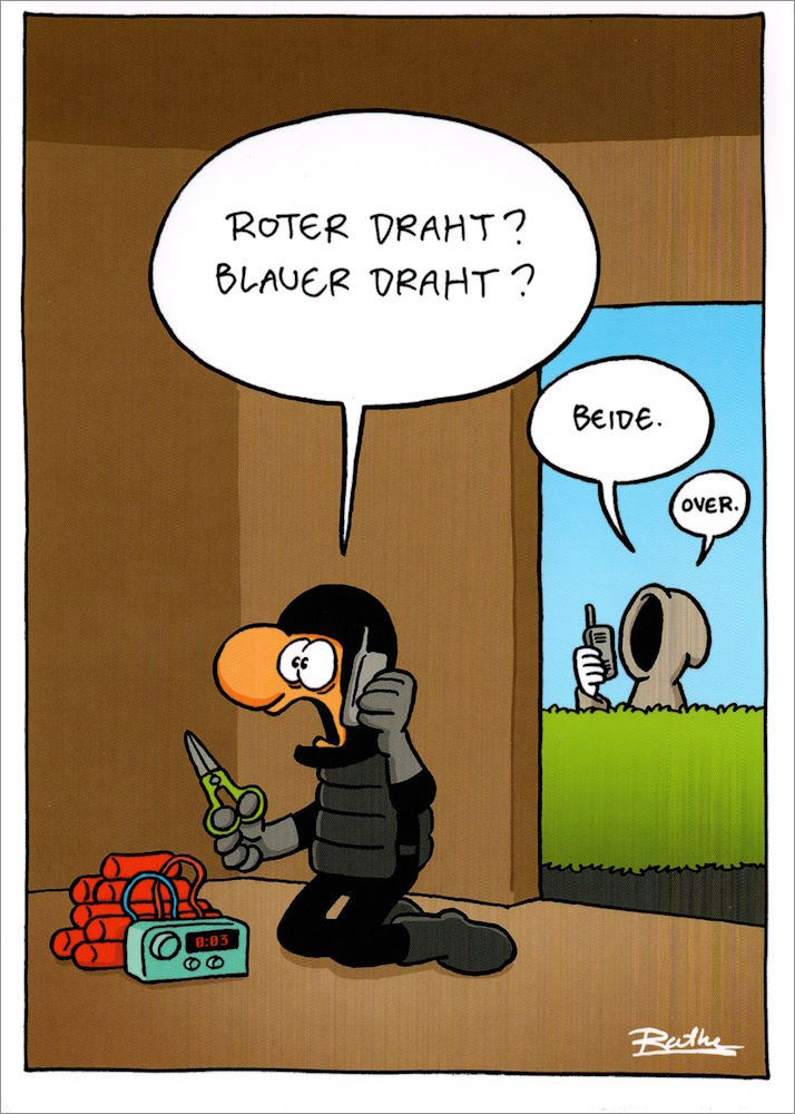Postkarte Ralph Ruthe "Roter Draht? Blauer Draht?"